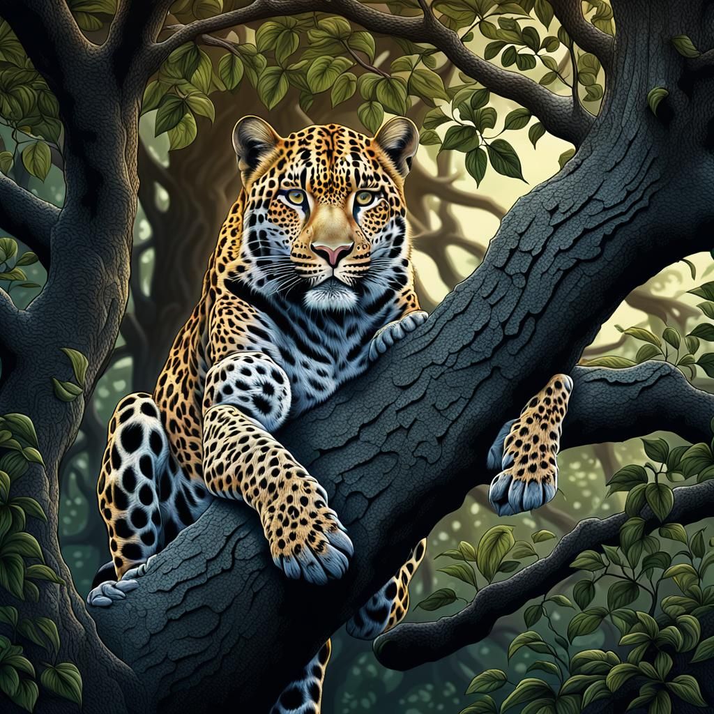 Leopard well camouflaged hiding in a leafy tree at dusk only the bright ...