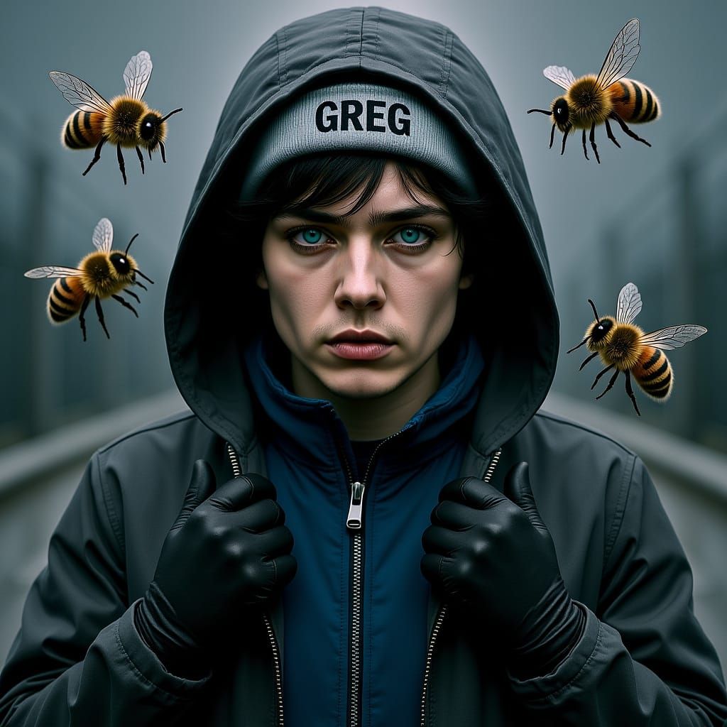 Surreal Portrait with Bees in Moody Outdoor Scene - AI Art