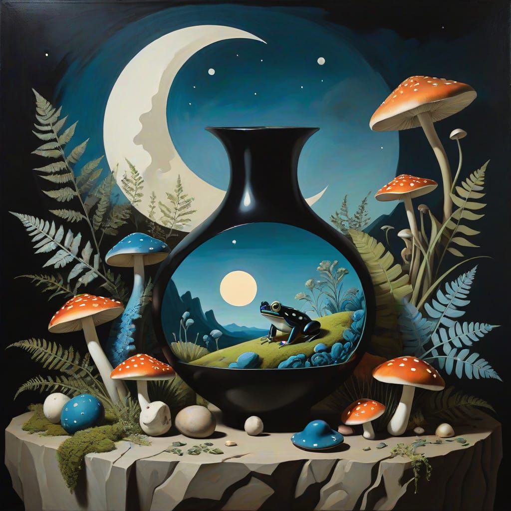 Cubist Still Life with Frog and Moon - AI Art