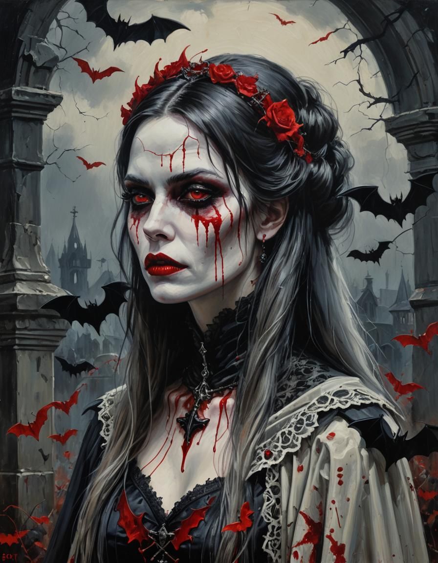 gothic vampire countess blood dripping from lips black and red portrait ...
