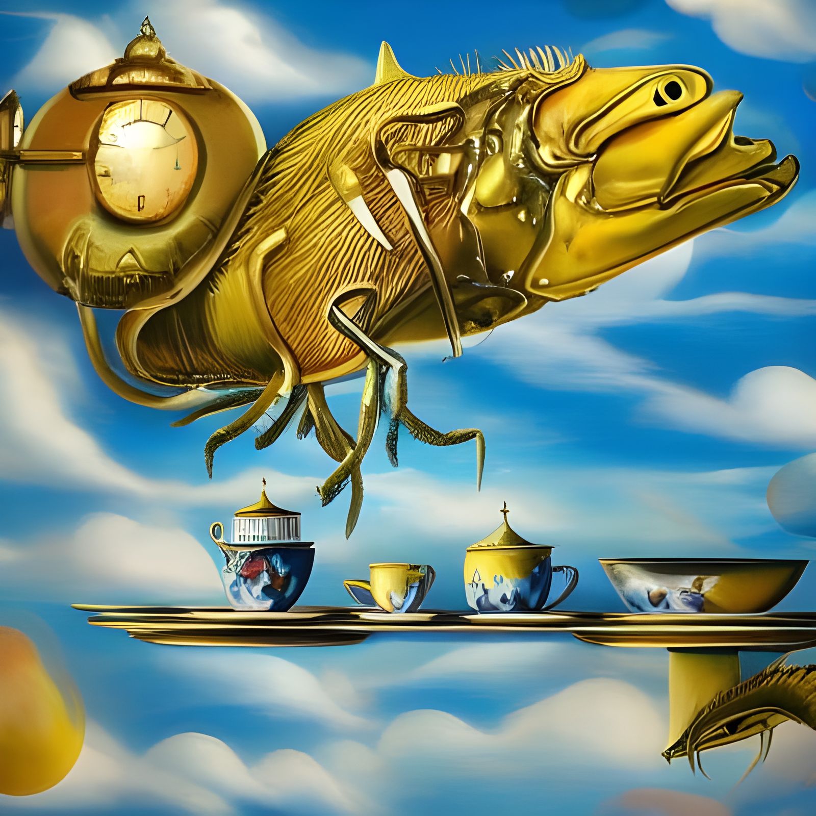 Surrealist painting. On the clouds is a dining table with various ...