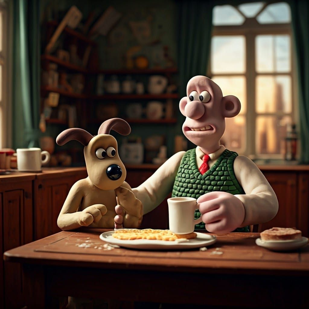 Wallace and Gromit having breakfast Nick Parkes claymation