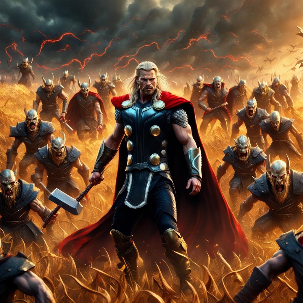 Thor surrounded by a bunch of angry vampires with red shiny eyes in a ...