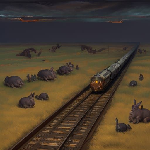 Grotesque Train of Hellish Rabbits in a Dark, Expr... - AI Art