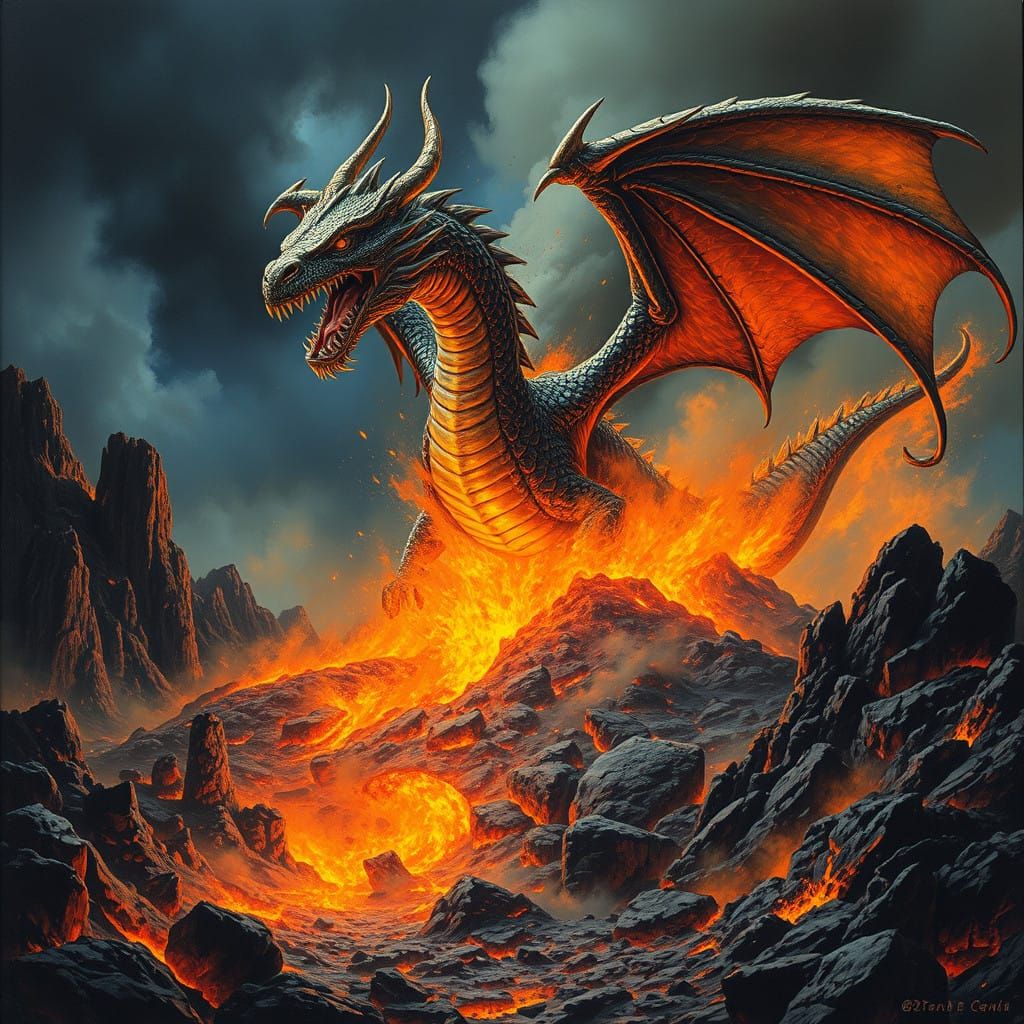 Dragon - Majestic Dragon Emerges from Fiery Volcano