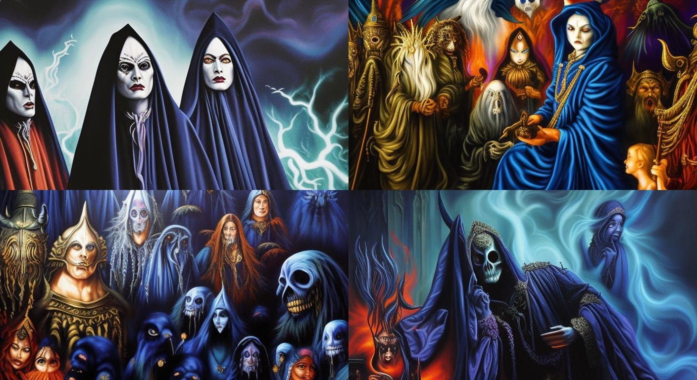 fantasy painting, horror, Dutch Baroque, indigo hues, wraiths, ghosts ...