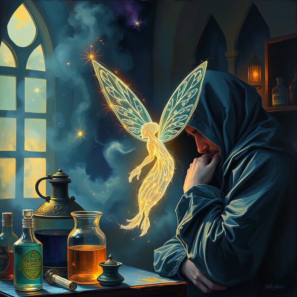 Ethereal Fairy Illuminates Alchemist's Worries in ... - AI Art