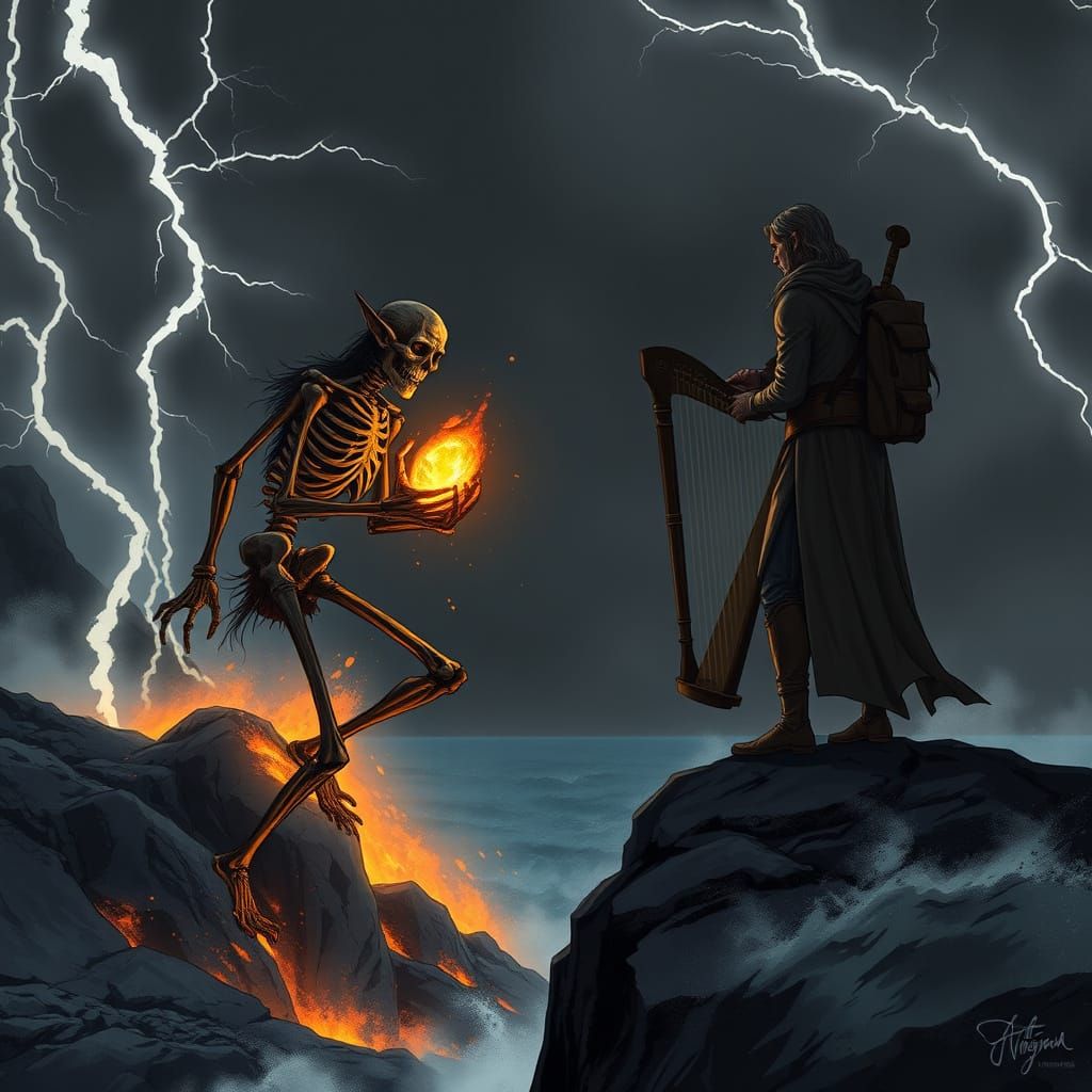 Skeletal Elf Hurls Himself into Volcanic Fissure, ... - AI Art