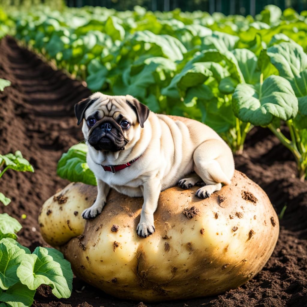 Pug on a giant potato in a vegetable garden - AI Generated Artwork ...