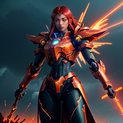 Radiant Red Mecha Goddess in Cyberpunk Anime Style - AI Art