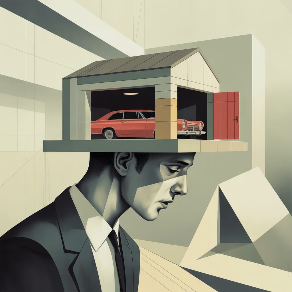 Abstract Cubism Car Garage Building on Head - AI Art
