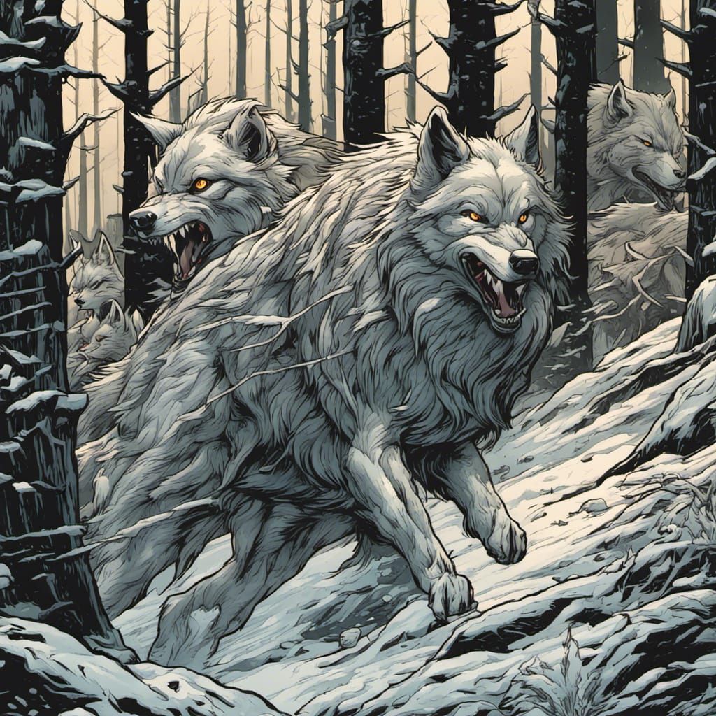 pack of wolves attacking from the forest in a profile view Mark Brooks ...