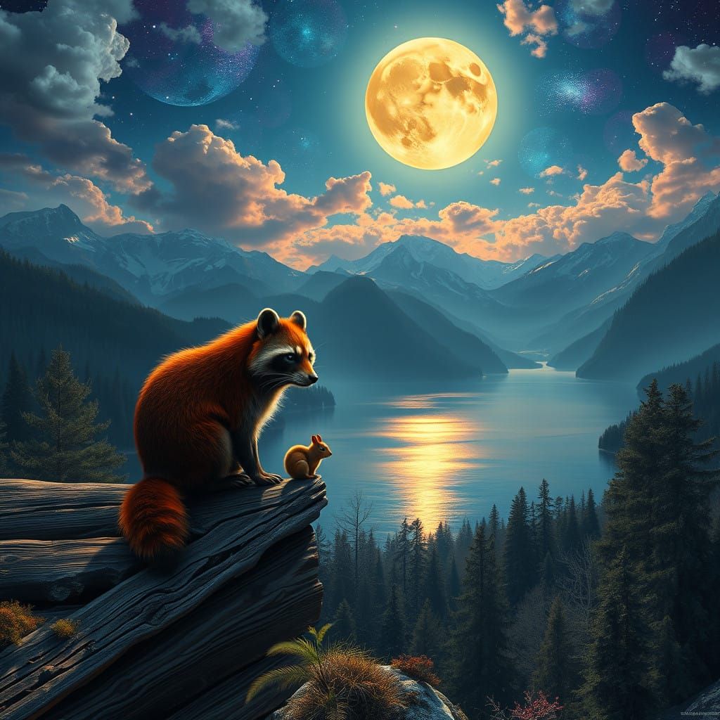 Red Raccoon and Squirrel at the Cabin