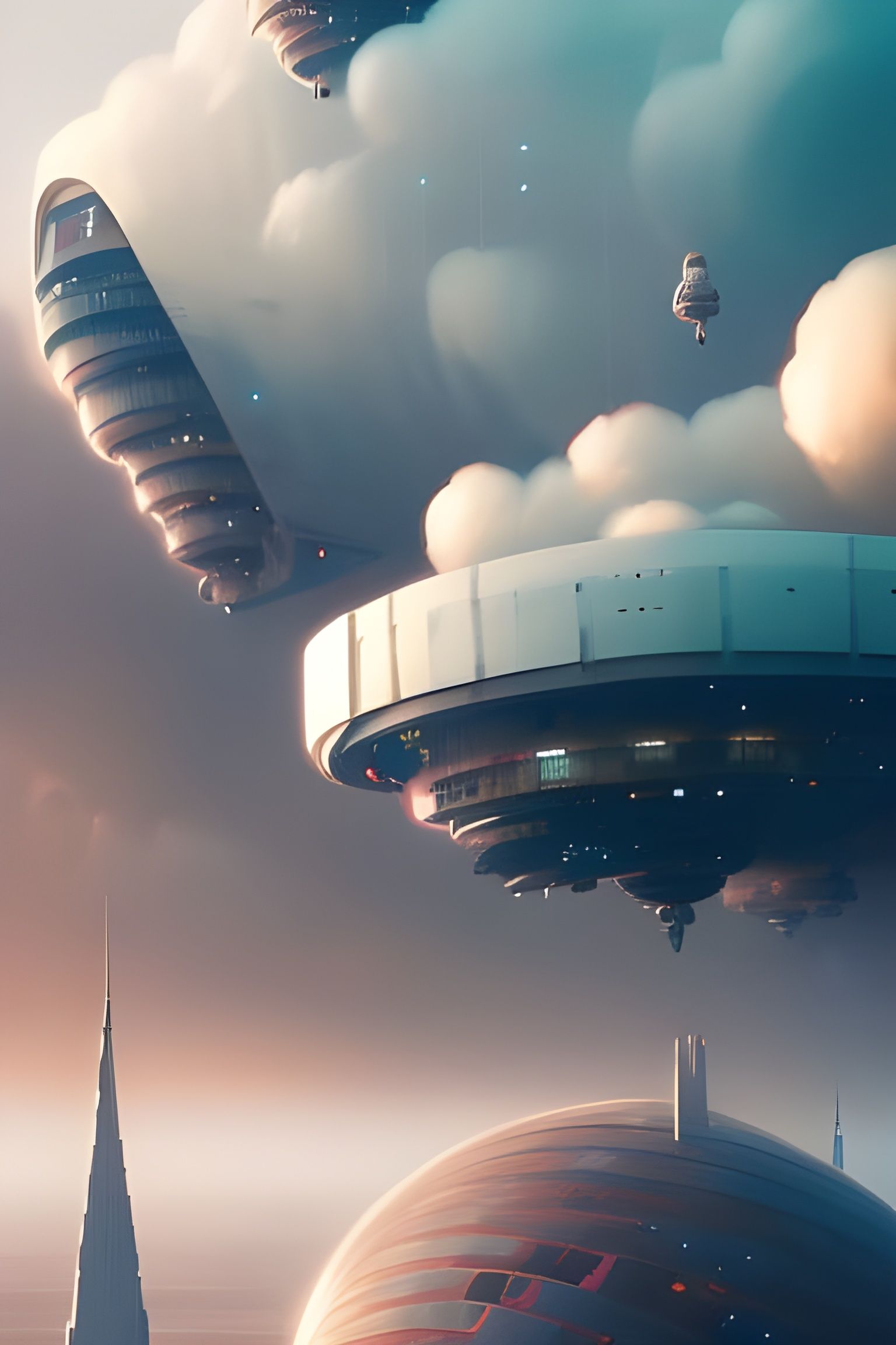 Decopunk poster beautiful futuristic floating city in the clouds. By ...