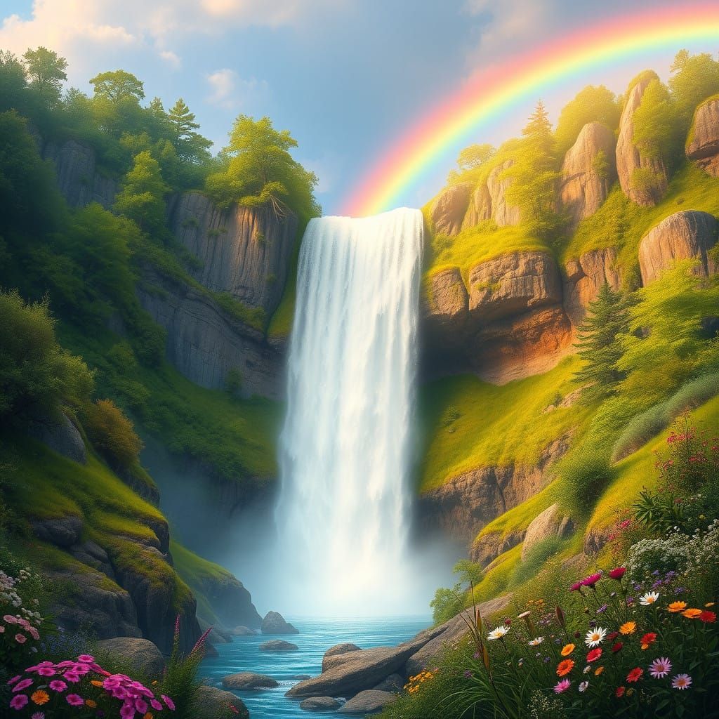 Serenic Waterfall with Rainbow in Luminous Golden ... - AI Art