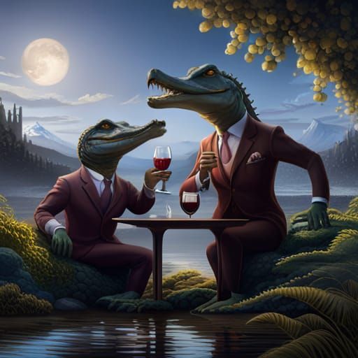 Two alligators dressed in suits drinking wine - AI Generated Artwork ...