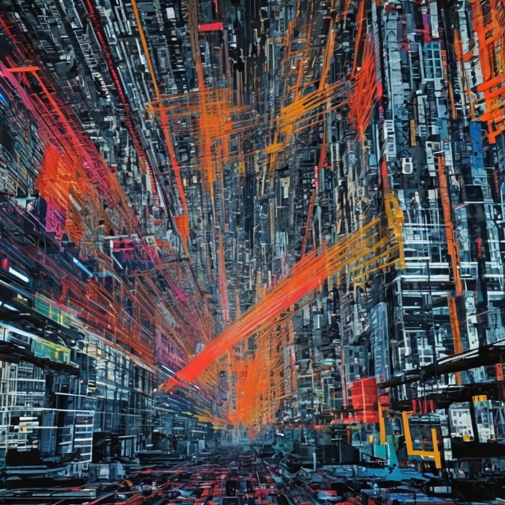 Art by Ryoji Ikeda, cityscape, vibrant glitch overlays, urban scene ...
