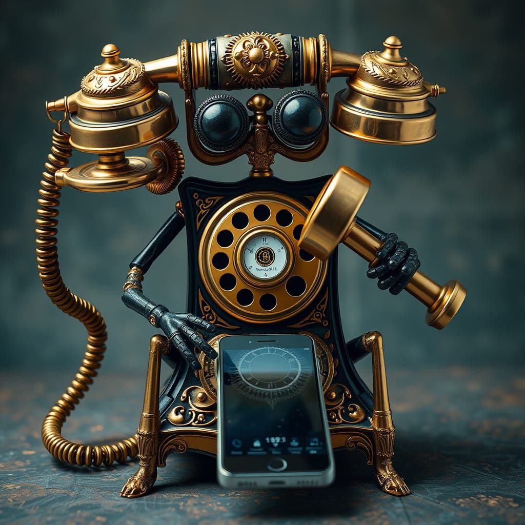 Steampunk-inspired rotary telephone character about to smash a smart phone!