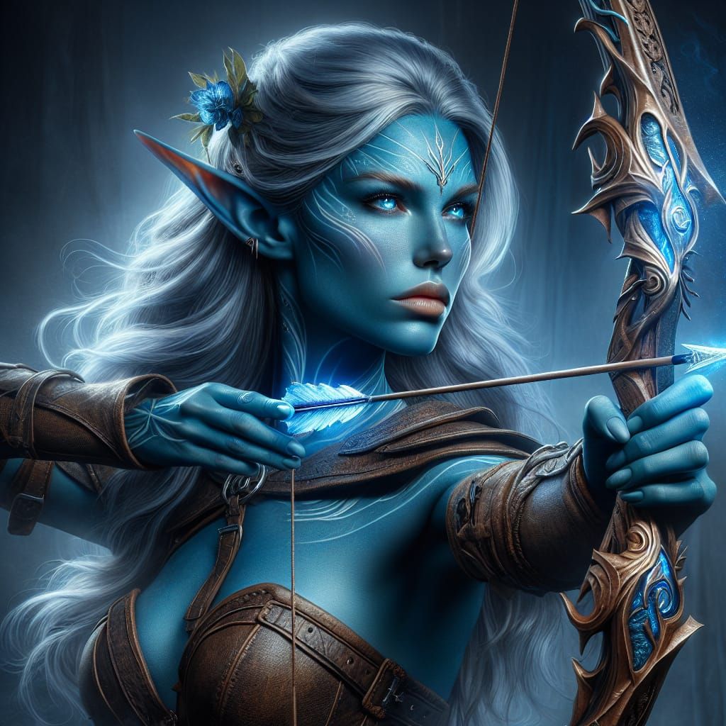 A beautiful Air Genasi huntress, blue skin Air Genasi, wearing a leather armor, holding a ...