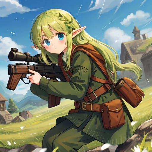 Elegant Elf Warrior Fires Massive Automatic Rifle - AI Art