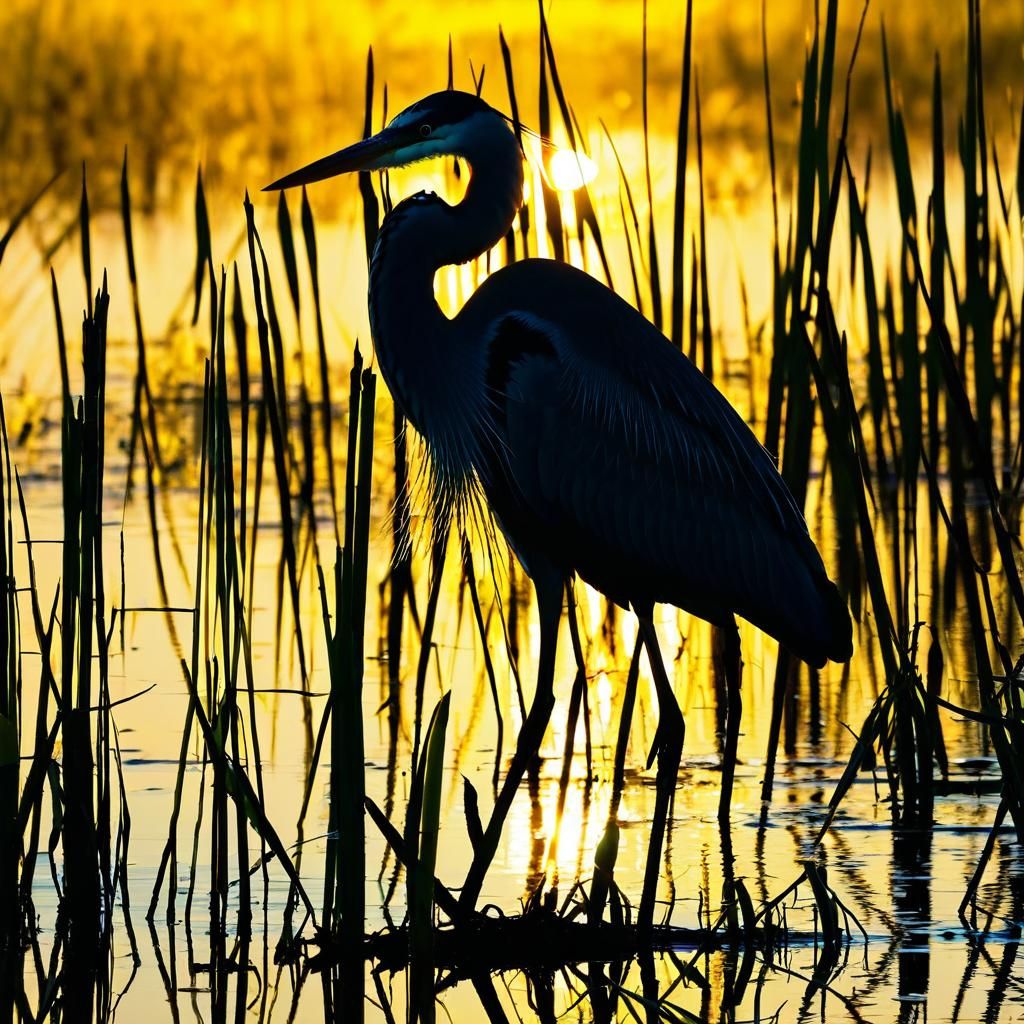 Silhouette of a heron standing in a body marsh just as the sun rises - AI Generated Artwork ...