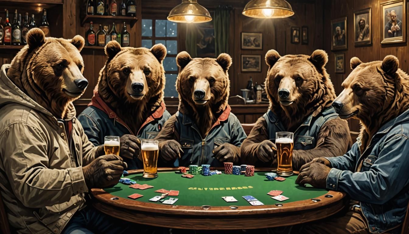 bears playing poker with beers - AI Generated Artwork - NightCafe Creator