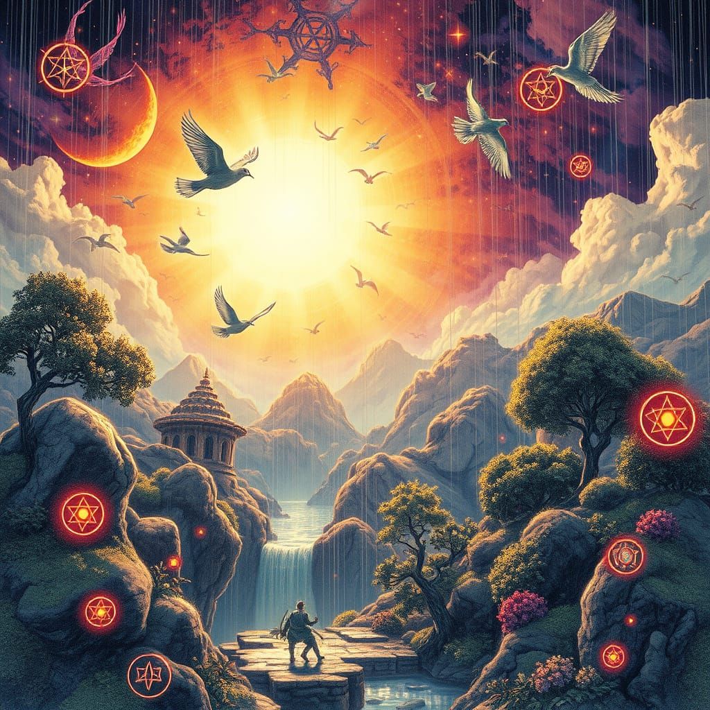 Mystical Astral Landscape with Birds in Flight and... - AI Art