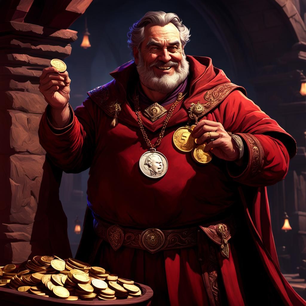 Fat Noble man evil grin in rich red clothing holding a bag of coins ...