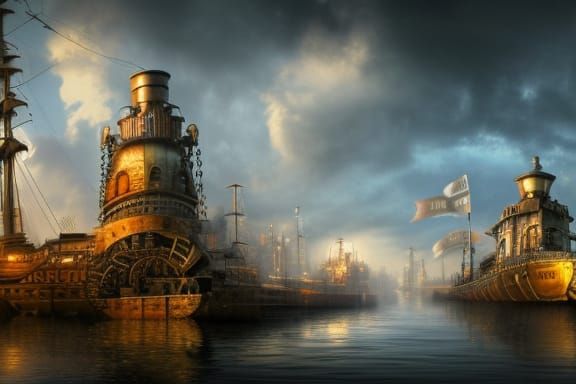 Elaborate steampunk coastal city with pipes and bridges and steam ...