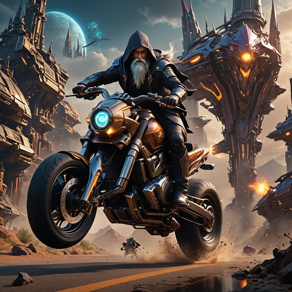 A wizard riding a futuristic motorcycle. - AI Generated Artwork ...