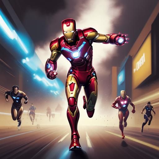 Iron man running, wearing running shoes, splash art, front facing, high ...