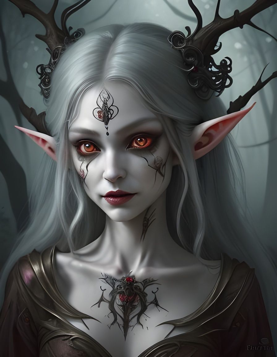 ""In the dimly lit forest, a baroque terrifying elf gazes intensely ...