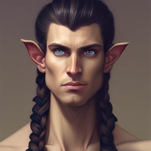male character, elf, warrior, elongated face, pronounced jaw, blue eyes ...