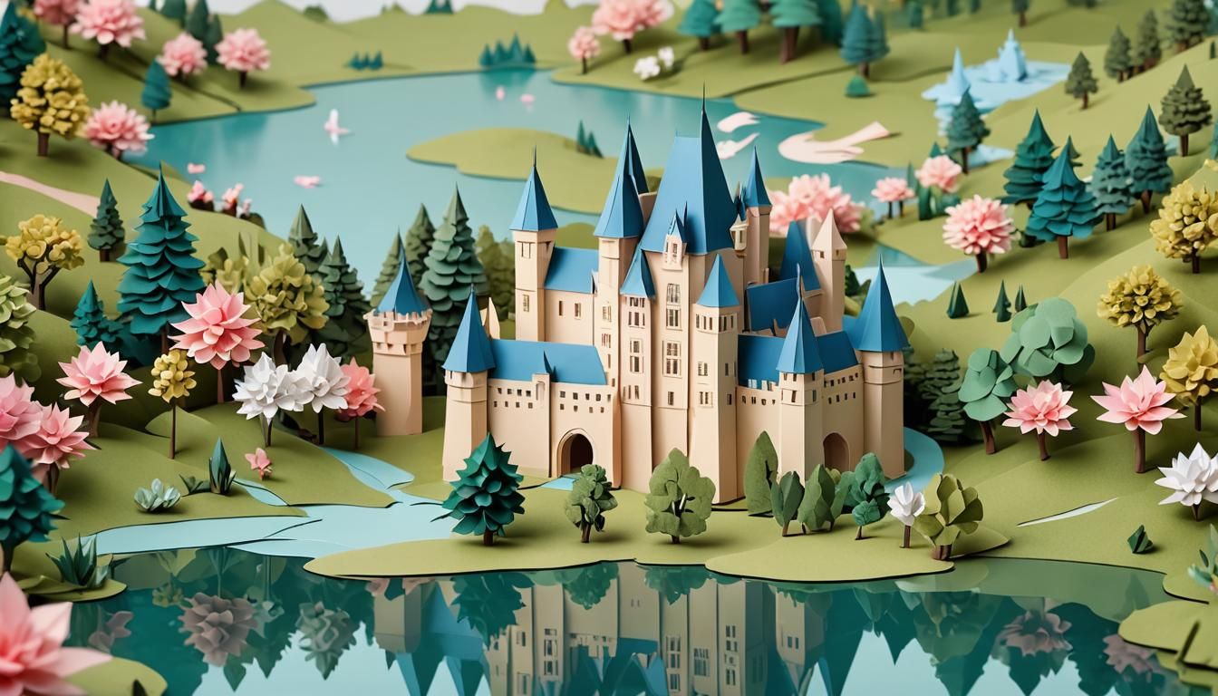 a beautiful, serene, soft landscape with a French castle and nice lake ...