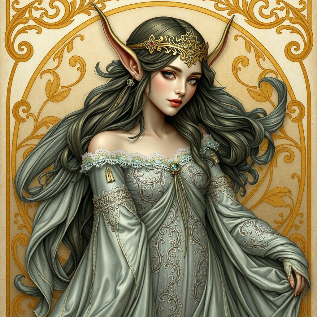 Ethereal Art Nouveau Portrait of a Mythical Elf Wa... - AI Art