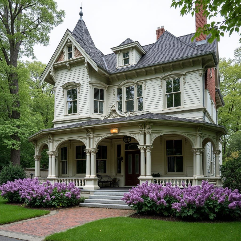 A Victorian Home with a large crescent shaped porch with Lilac bushes ...