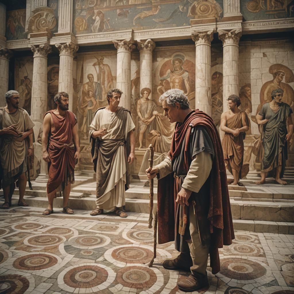 Caesar inspecting newly laid mosaics in the temple with the workers ...