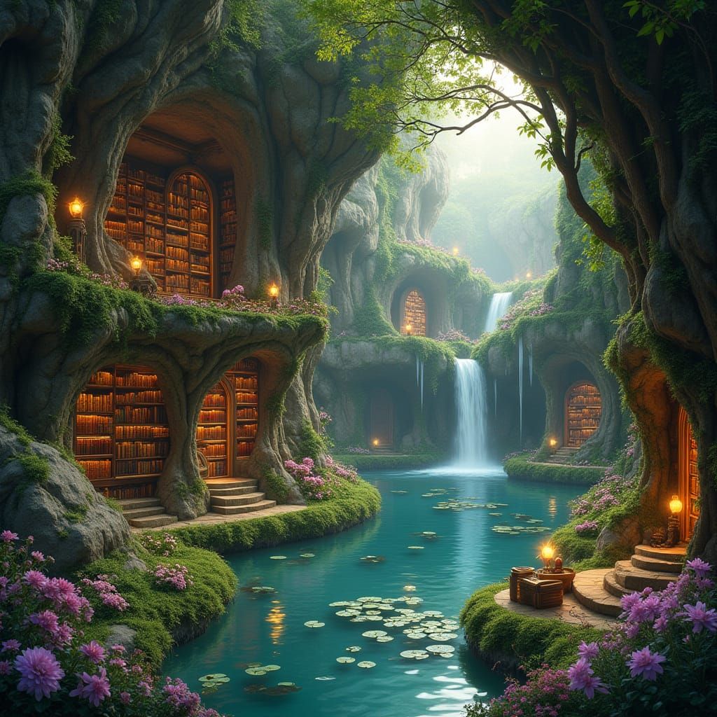 Cave Library - Whimsical Cave Library with Ancient Trees and...