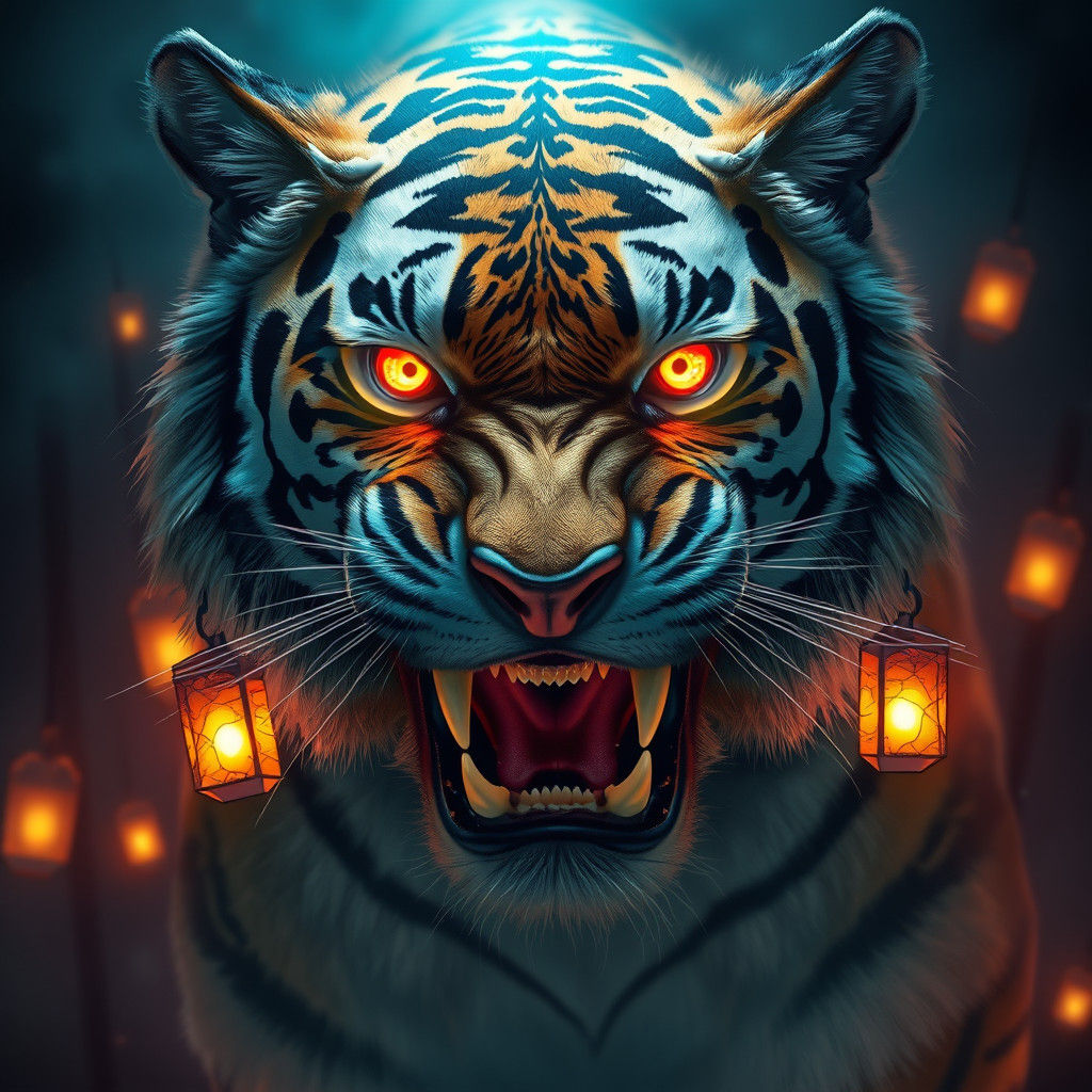Majestic Tiger with Glowing Eyes in Primeval Setti... - AI Art