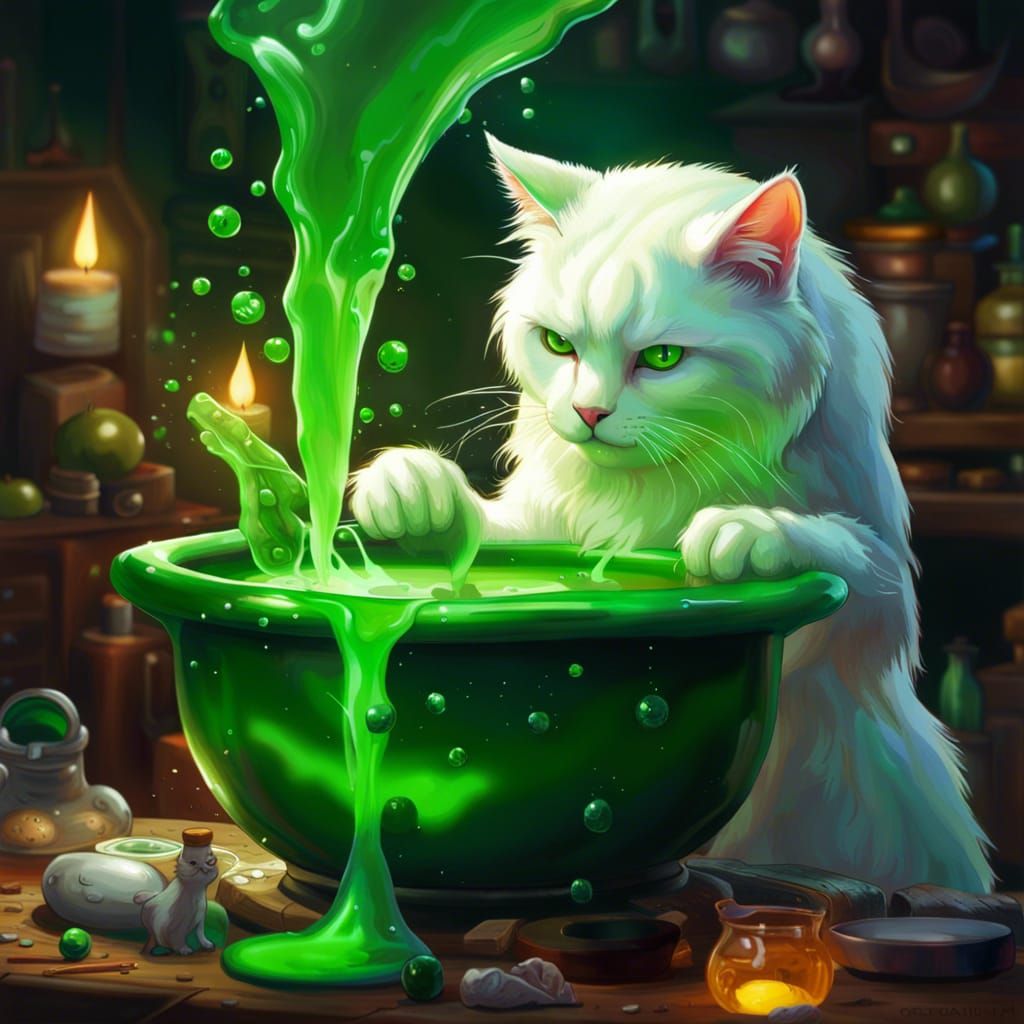 White cat making potions from a cauldron of green liquid clear face ...
