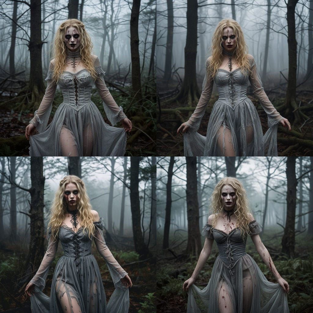 Victorian Zombie Woman in Dark Forest - AI Art