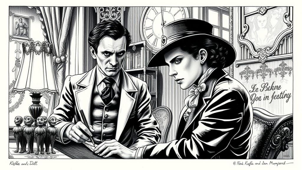 Stylized Ink Drawing of Kafka and the Doll in Vint... - AI Art