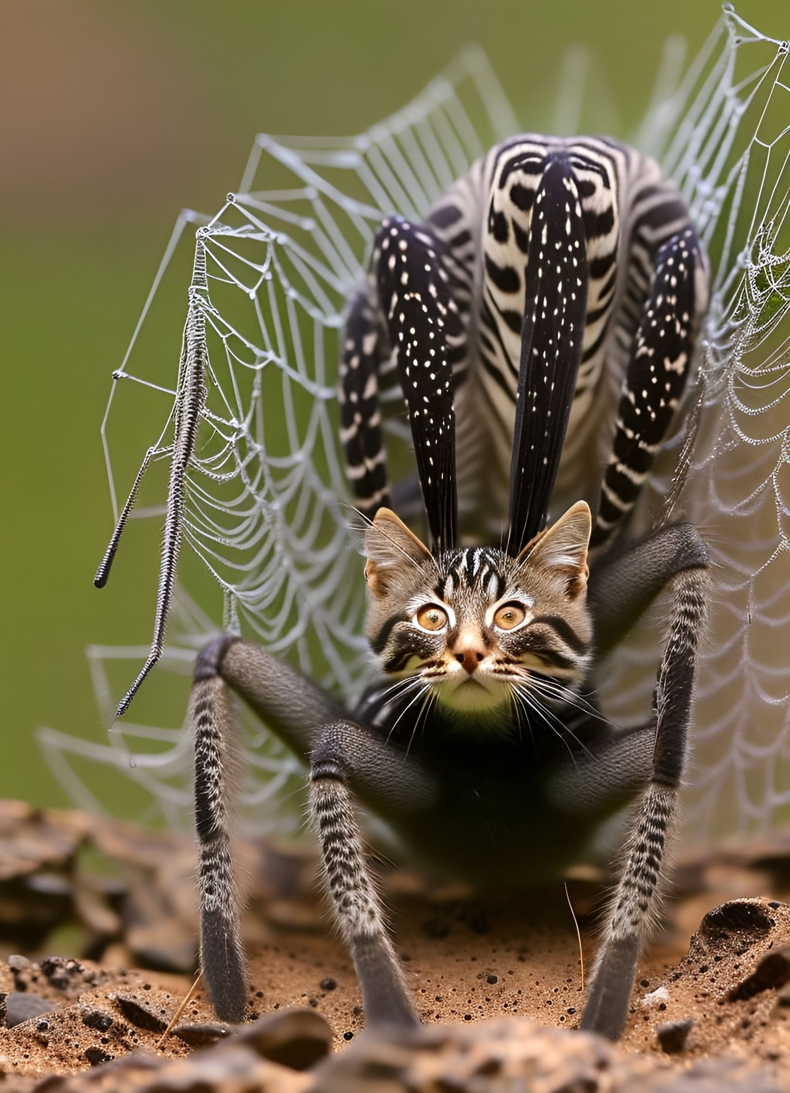 half kitten half spider 8 legs 8 eyes and a tail sitting in middle of ...