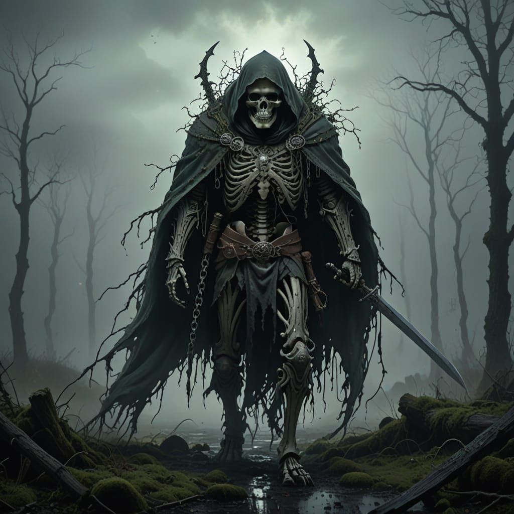 Ghostly skeleton in tattered, hooded cloak with wispy tendrils of ...