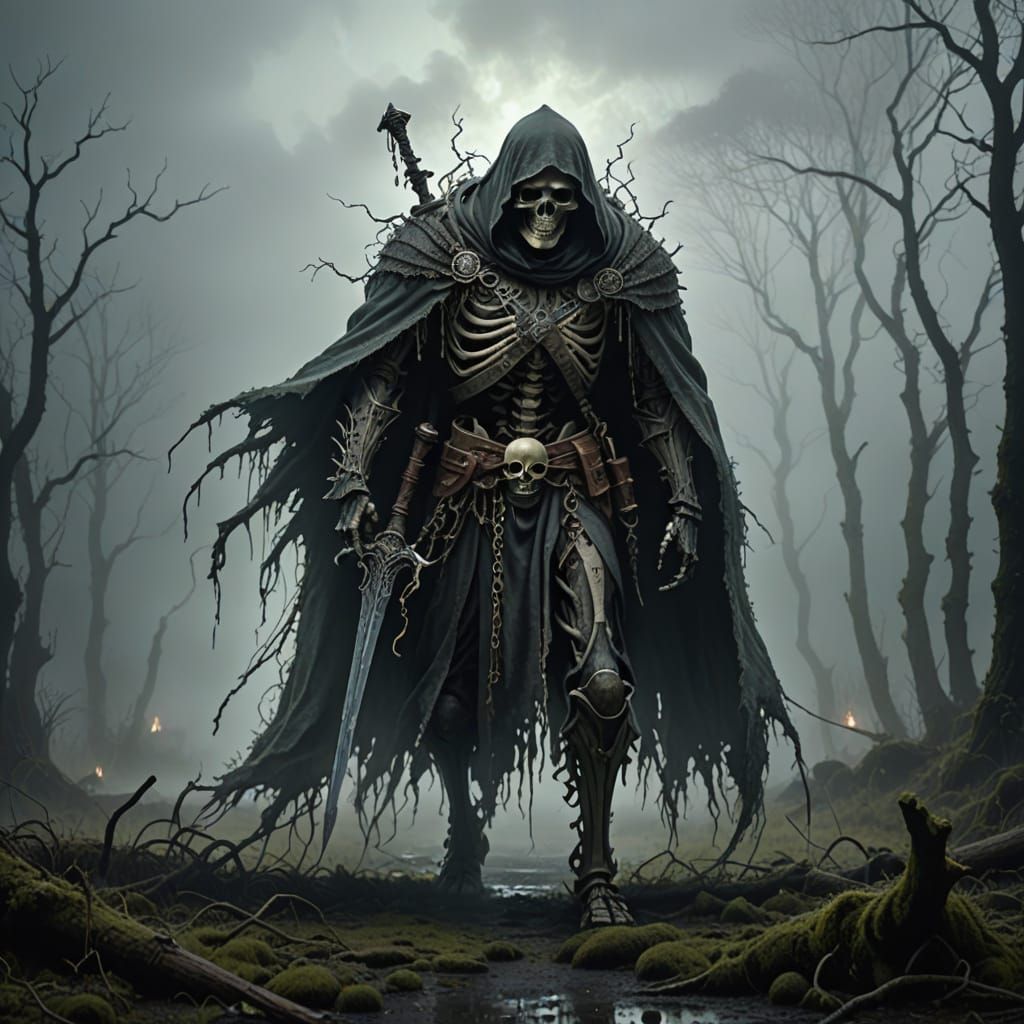 Ghostly skeleton in tattered, hooded cloak with wispy tendrils of ...