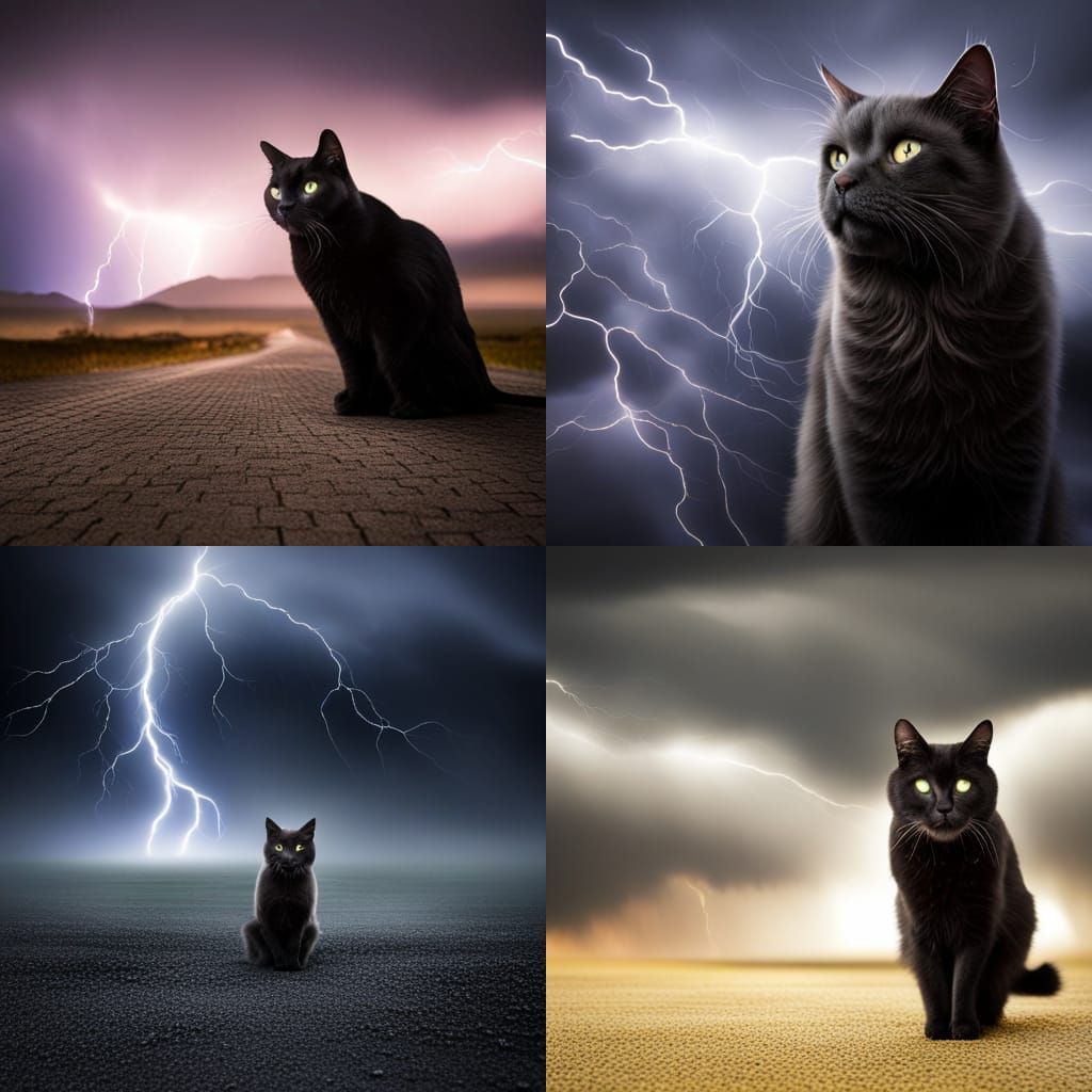An evil black housecat stands in the middle of a terrifying lightning ...