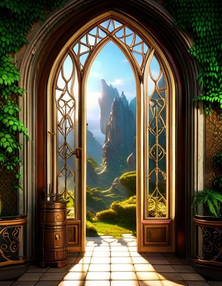 Intricately designed magical Window to a fantasy world, Storybook style ...