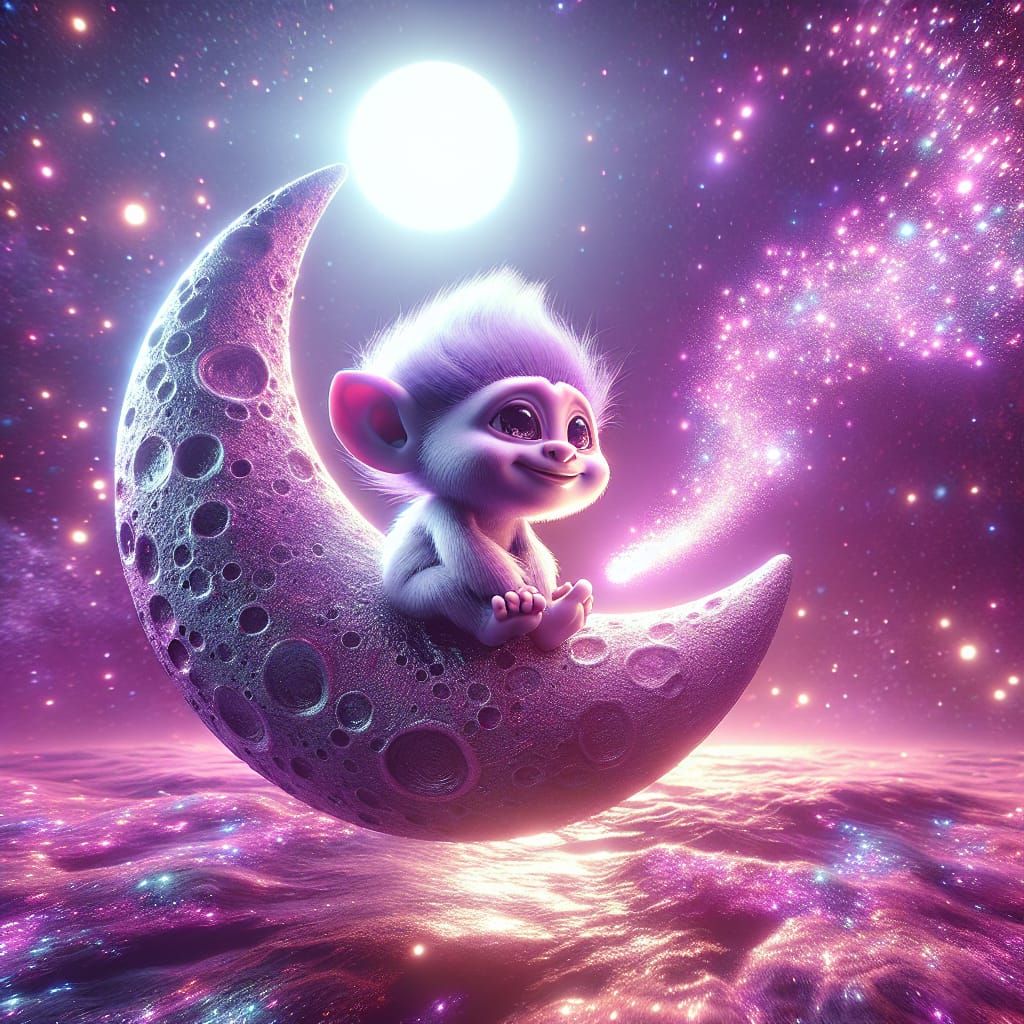 Moon Child. - Dreamy Moonlit Troll Scene in Whimsical Fantas...