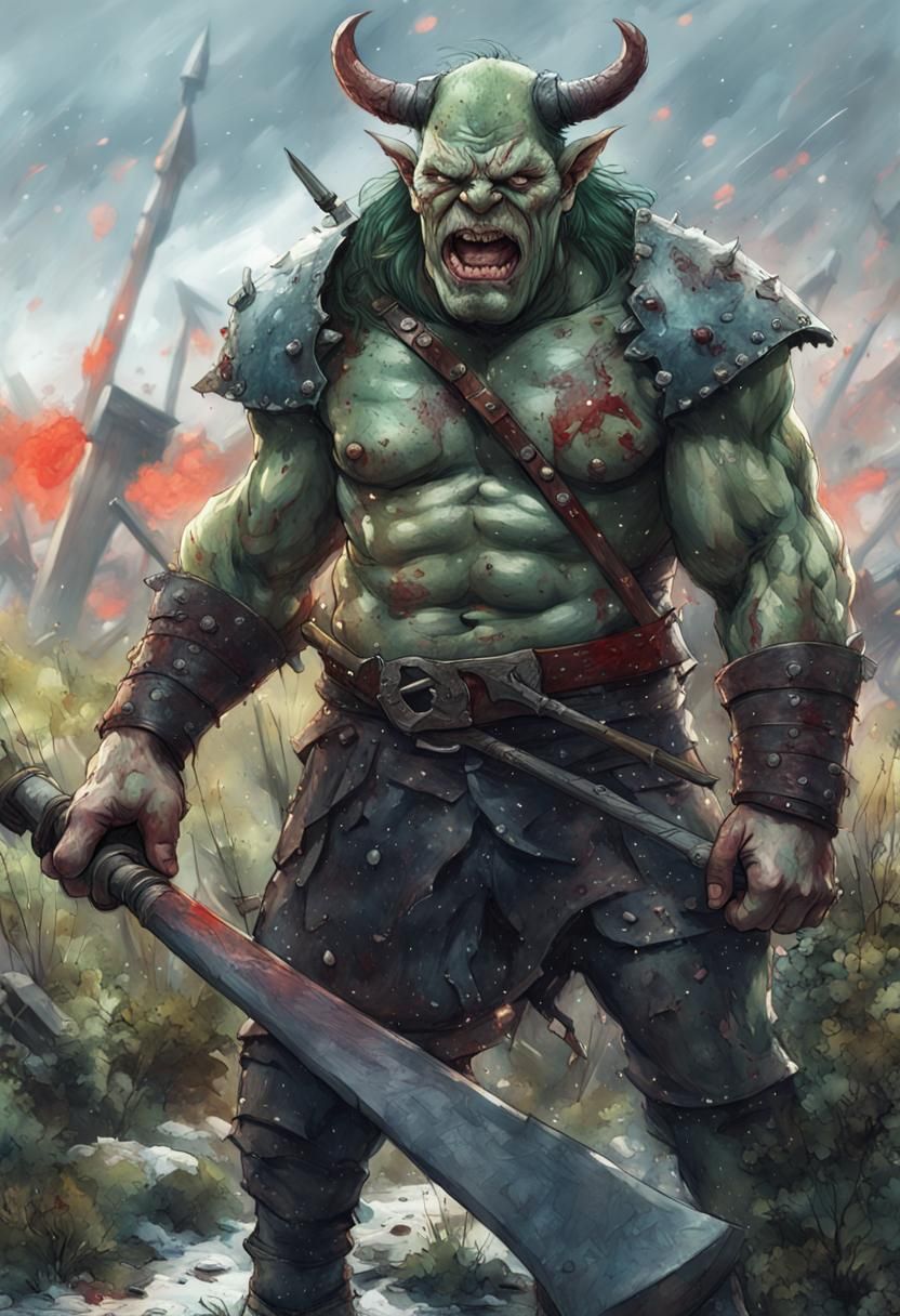 angry OGRE wields axe on battlefield. green skin, strong body, armor ...