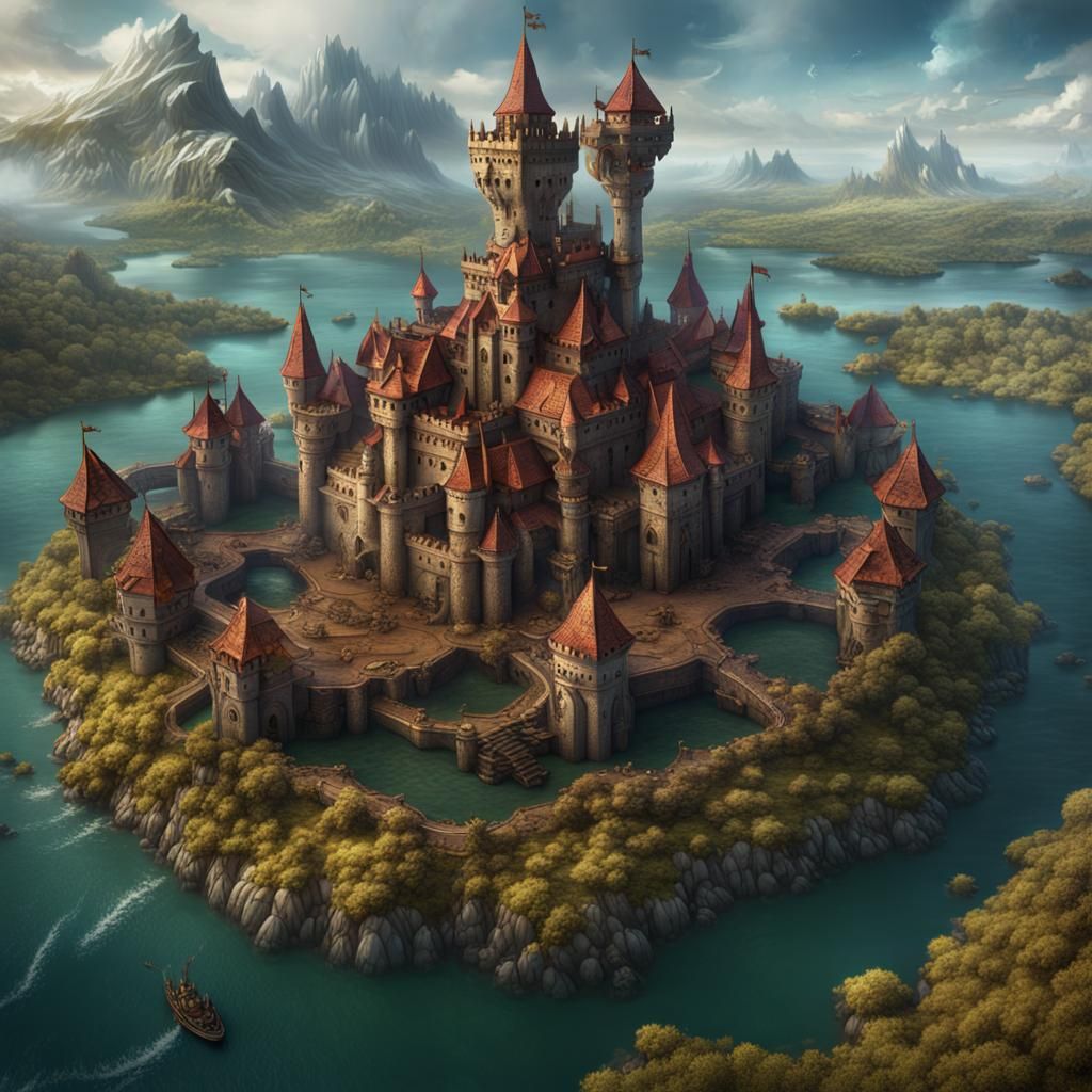 Dragon attacking hexagonal land, castle on island in the middle of a ...